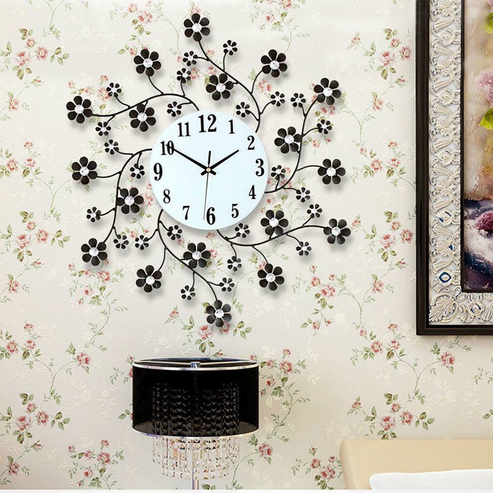 Pastoral Flower Iron Rhinestone Living Room Bedroom Watch Clocks Large ...